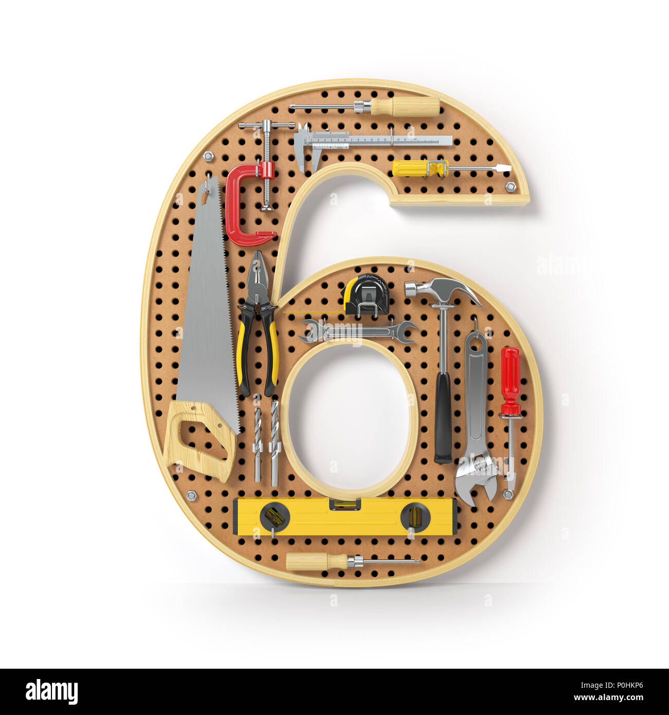 Number 6 six Alphabet from the tools on the metal pegboard isolated on ...