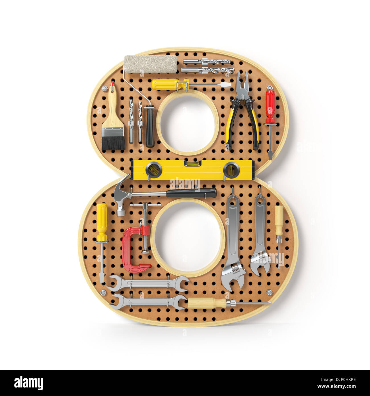 Number 8 eight. Alphabet from the tools on the metal pegboard isolated ...