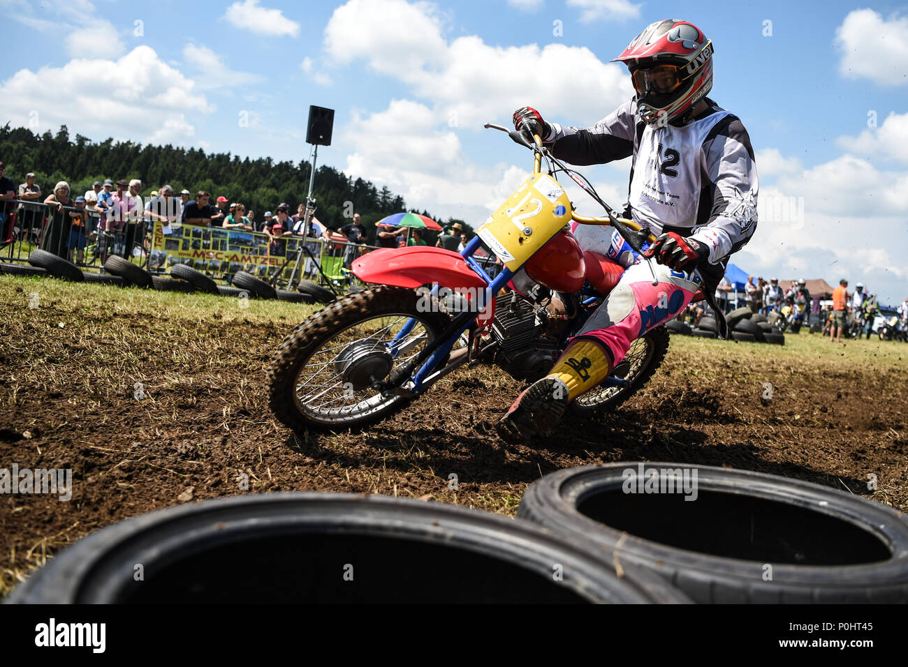 Germany, Wetzisreute, 09 June 2018, A rider on a Simson in action ...