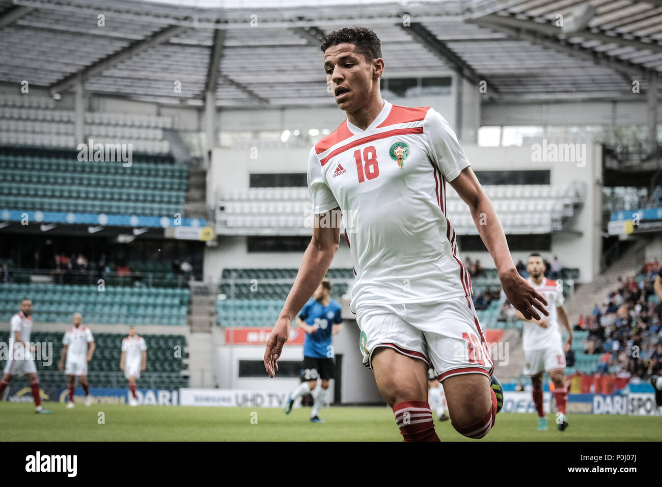 Tallinn, Estonia. 9th June, 2018. Amine Harit (18) of Morocco on attack ...