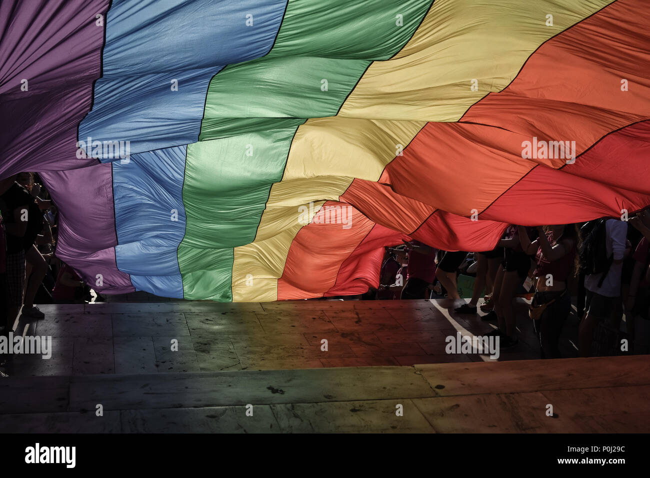 Athens, Greece. 9th June 2018. A big pride flag with rainbow colors ...