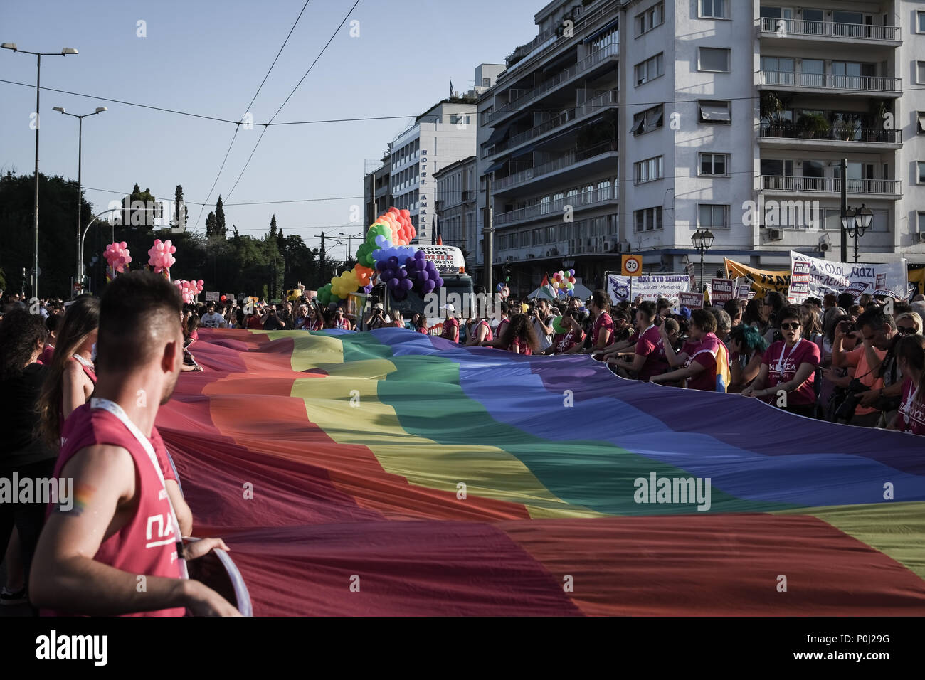 Athens, Greece. 9th June 2018. A big pride flag with rainbow colors ...
