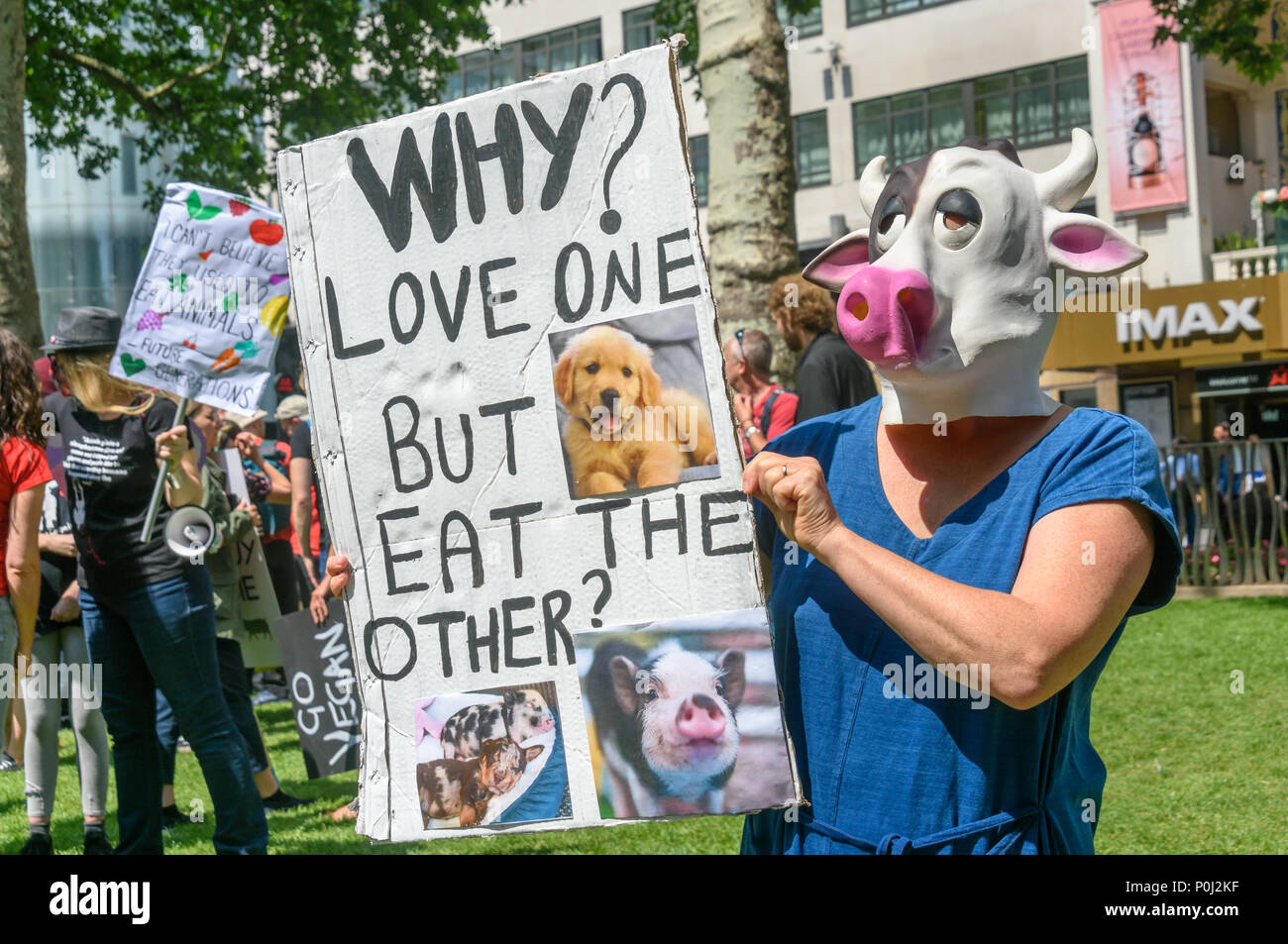 London, UK. 9th June 2018. A vegan protesters pose with a poster ...