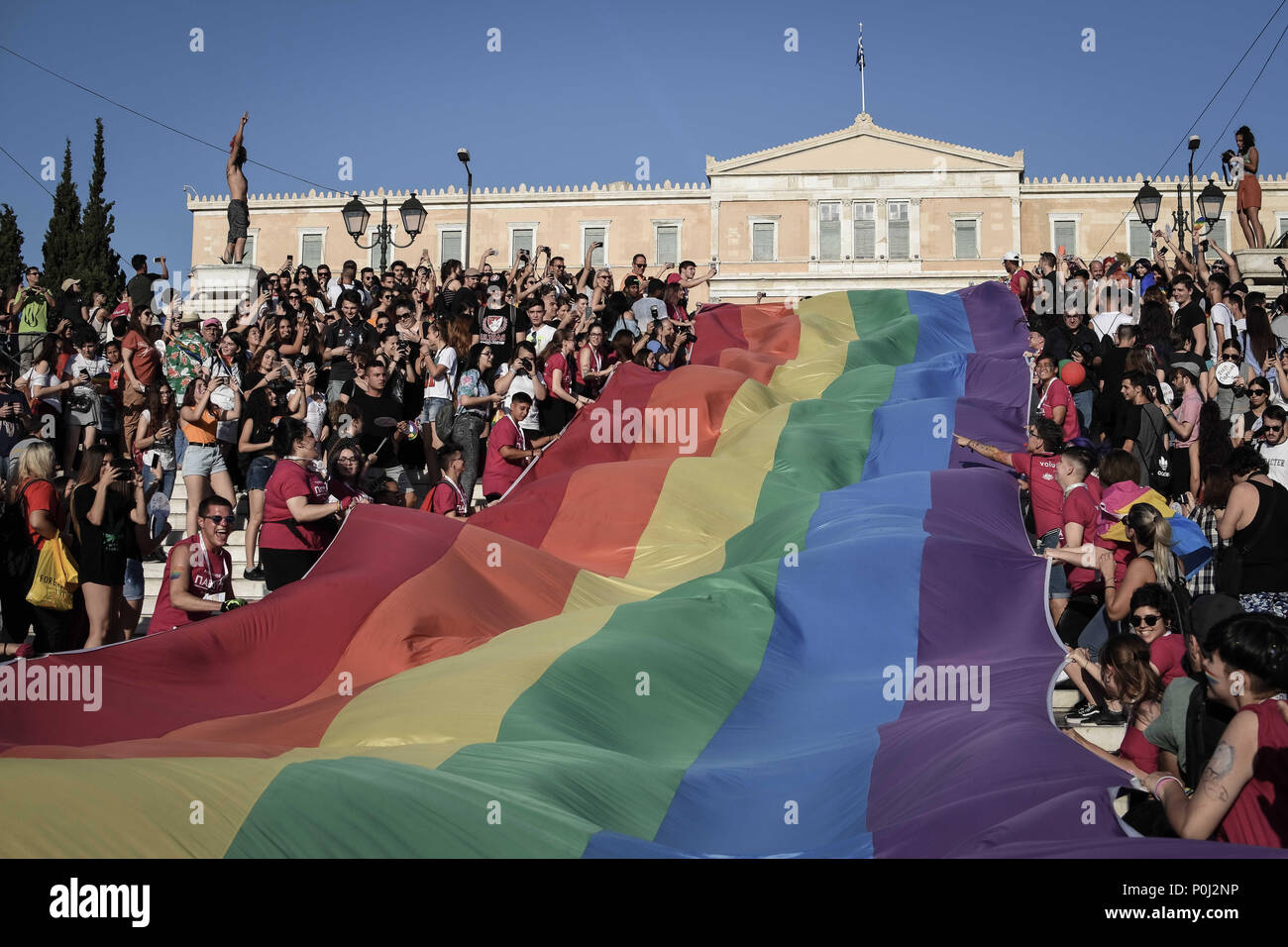 Athens, Greece. 9th June, 2018. A big pride flag with rainbow colors ...