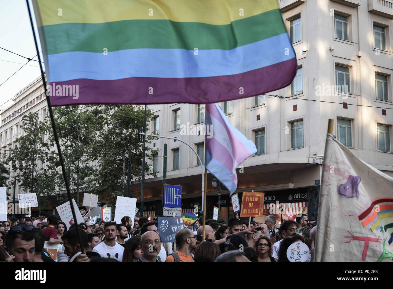 Athens, Greece. 9th June, 2018. Thousand participate seen holding ...