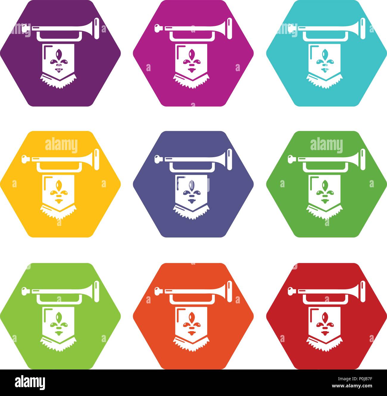 Ancient trumpet with flag icons set 9 vector Stock Vector Image & Art ...