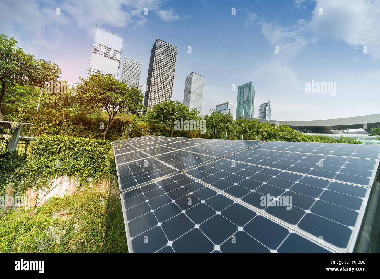 solar panel plant with urban landscape landmarks,Ecological energy ...