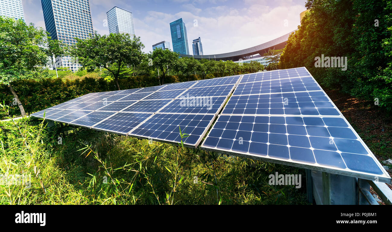 solar panel plant with urban landscape landmarks,Ecological energy ...