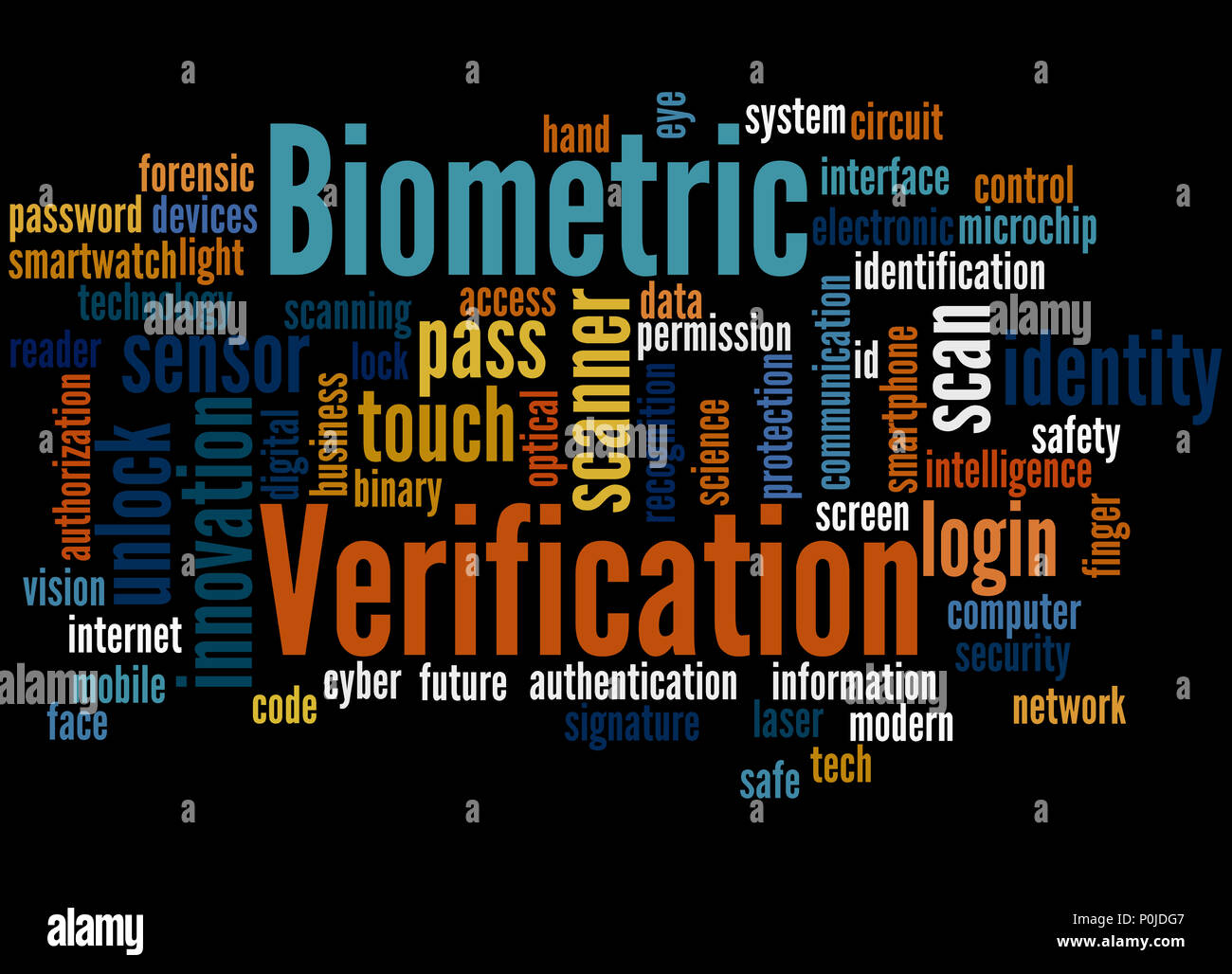 Biometric verification, word cloud concept on black background Stock ...