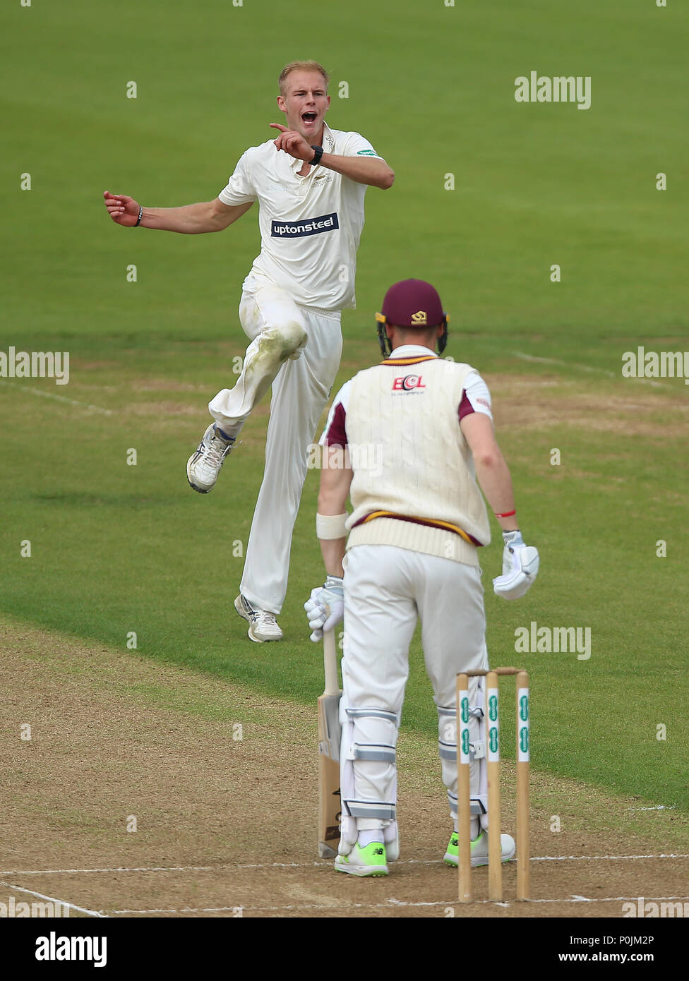 Leicestershire's Zak Chappell celebrates after taking the wicket of ...