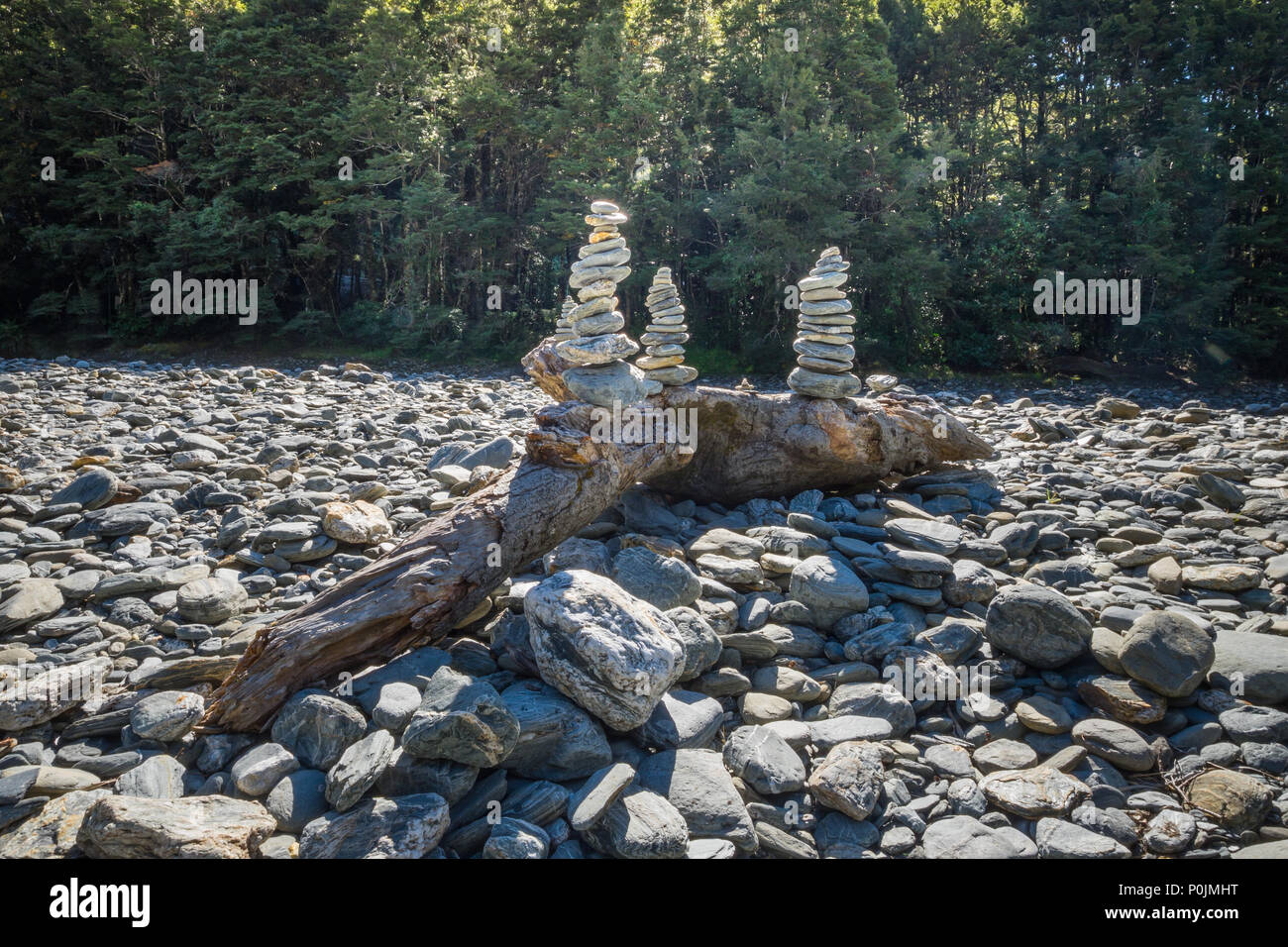 Stack of rocks at Fantail Falls is located in Mt.Aspiring National Park ...