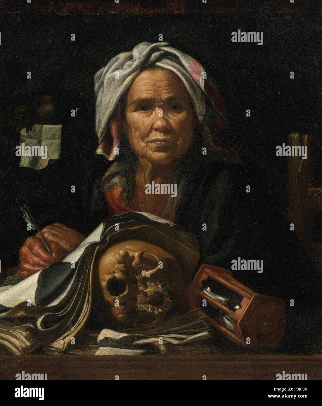 'An Old Philosopher at Her Desk, with a Vanitas Skull and an Hourglass ...