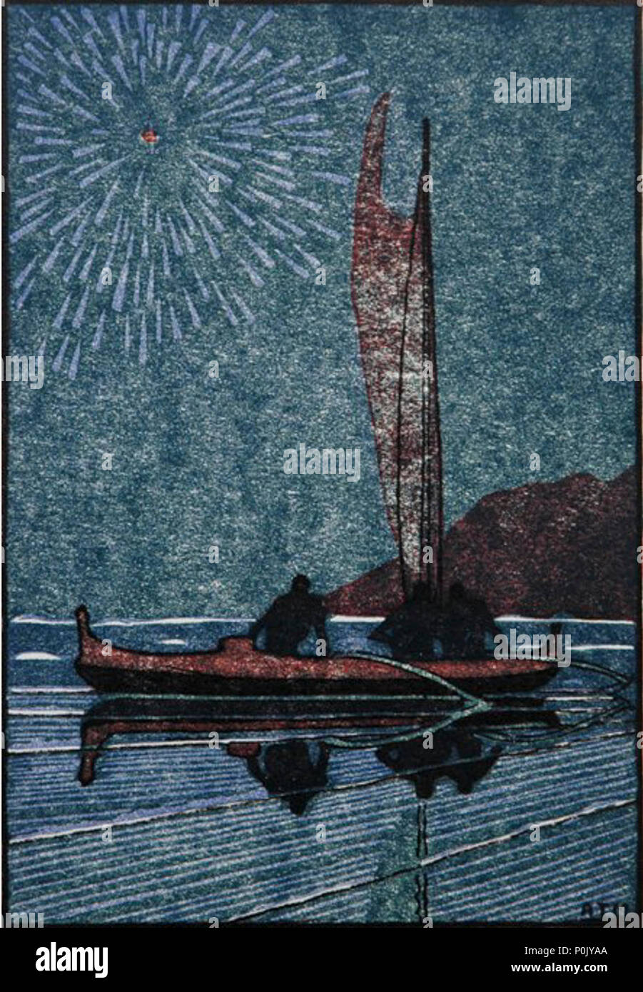 'Canoe and Fireworks', woodblock print by Arman Manookian, 6 x 4.25 in ...
