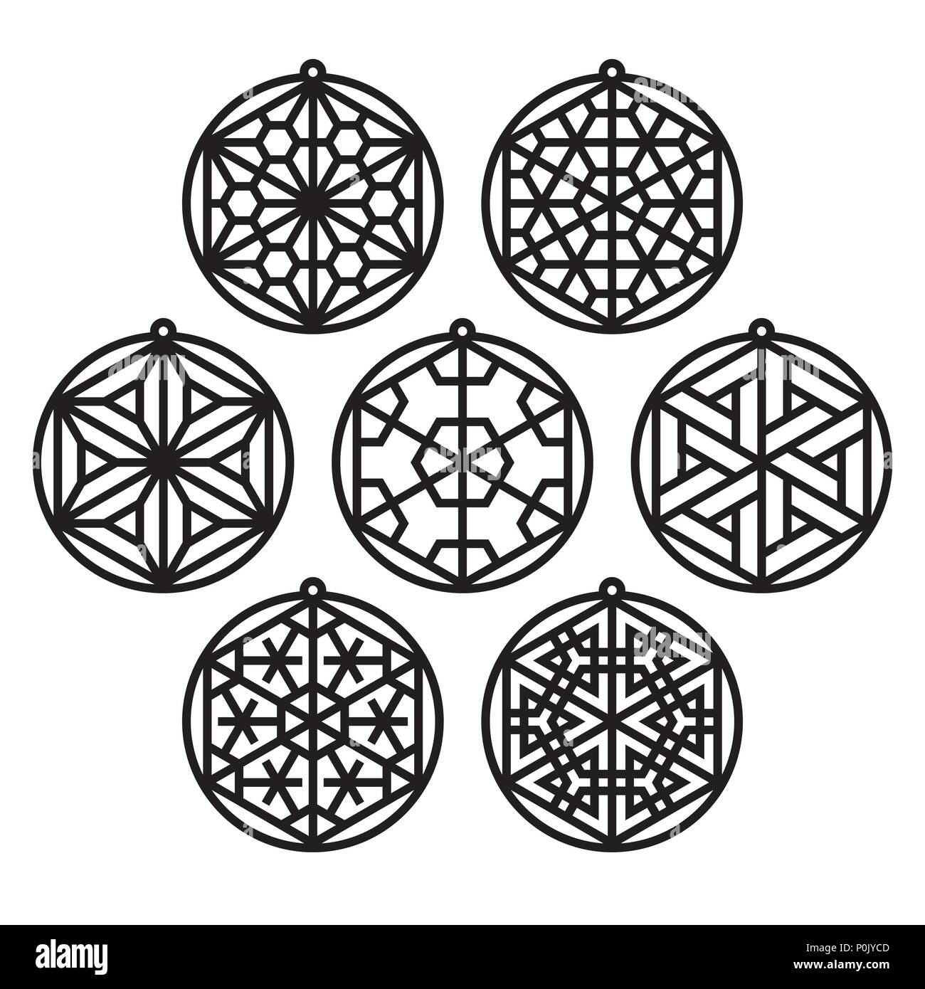 Set of seven traditional Japanese ornaments Kumiko in the form of ...