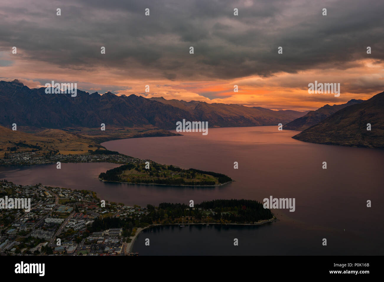 Cityscape of Queenstown and Lake Wakaitipu with The Remarkables in the ...
