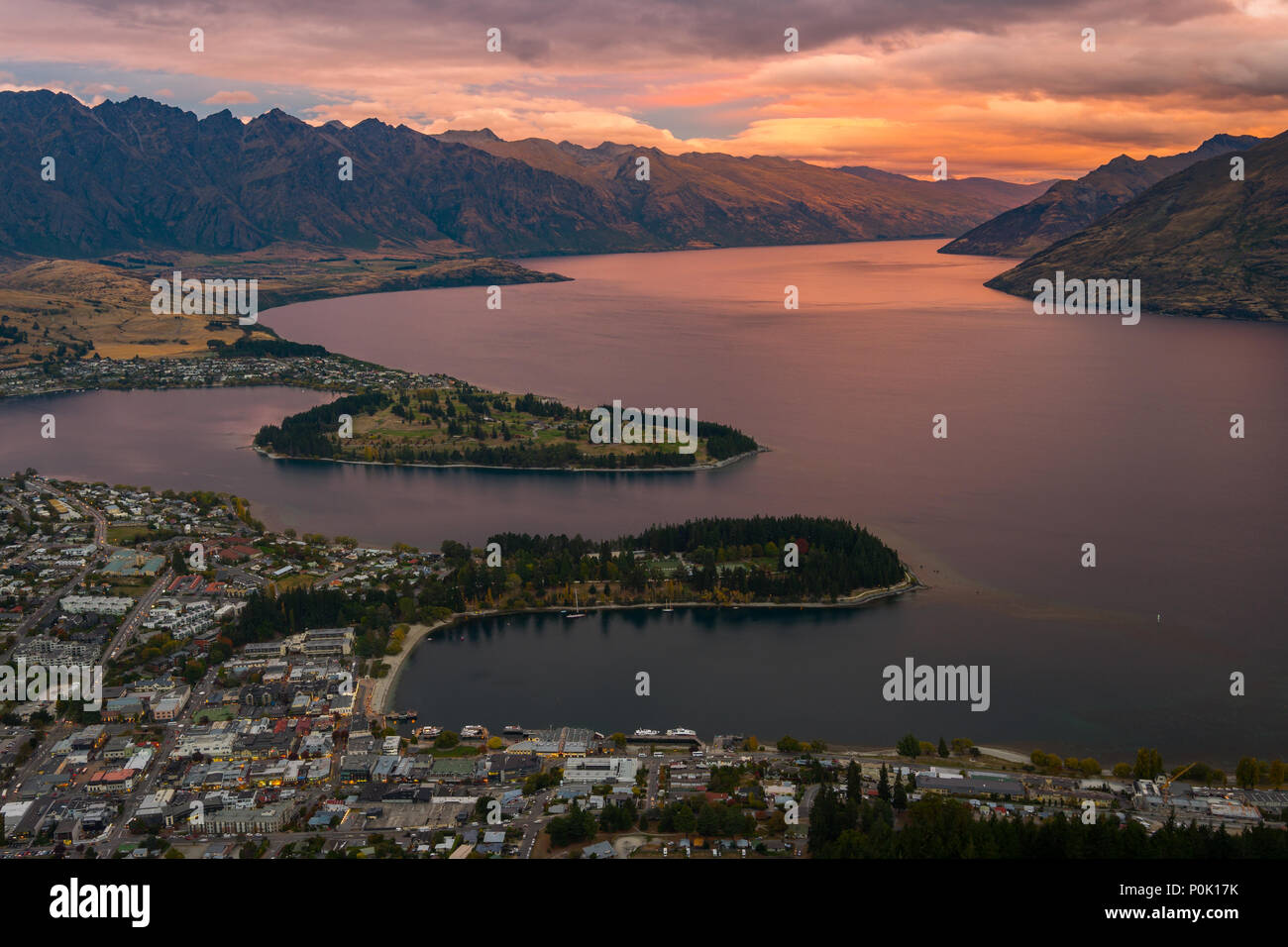 Cityscape of Queenstown and Lake Wakaitipu with The Remarkables in the ...