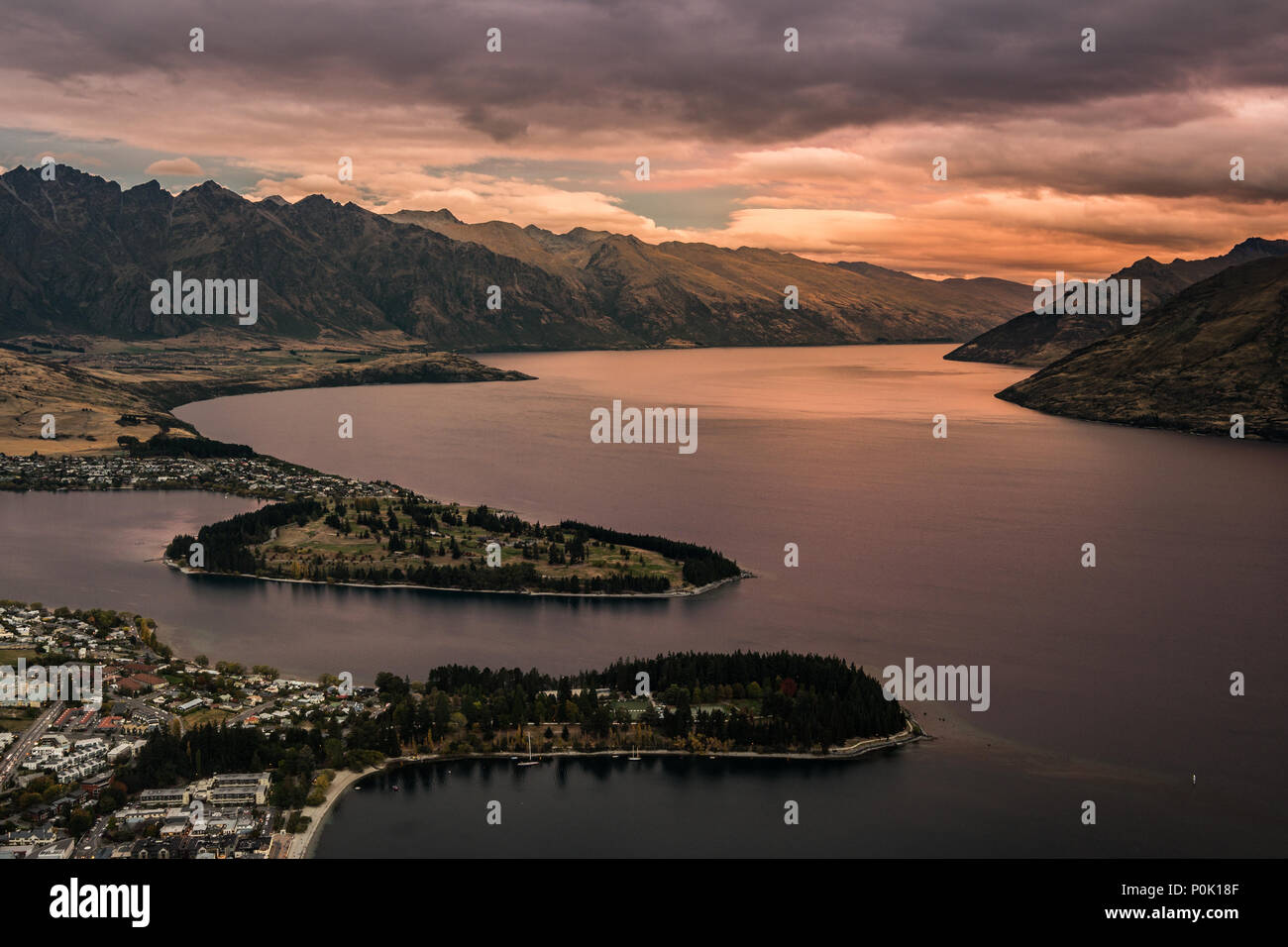 Cityscape of Queenstown and Lake Wakaitipu with The Remarkables in the ...
