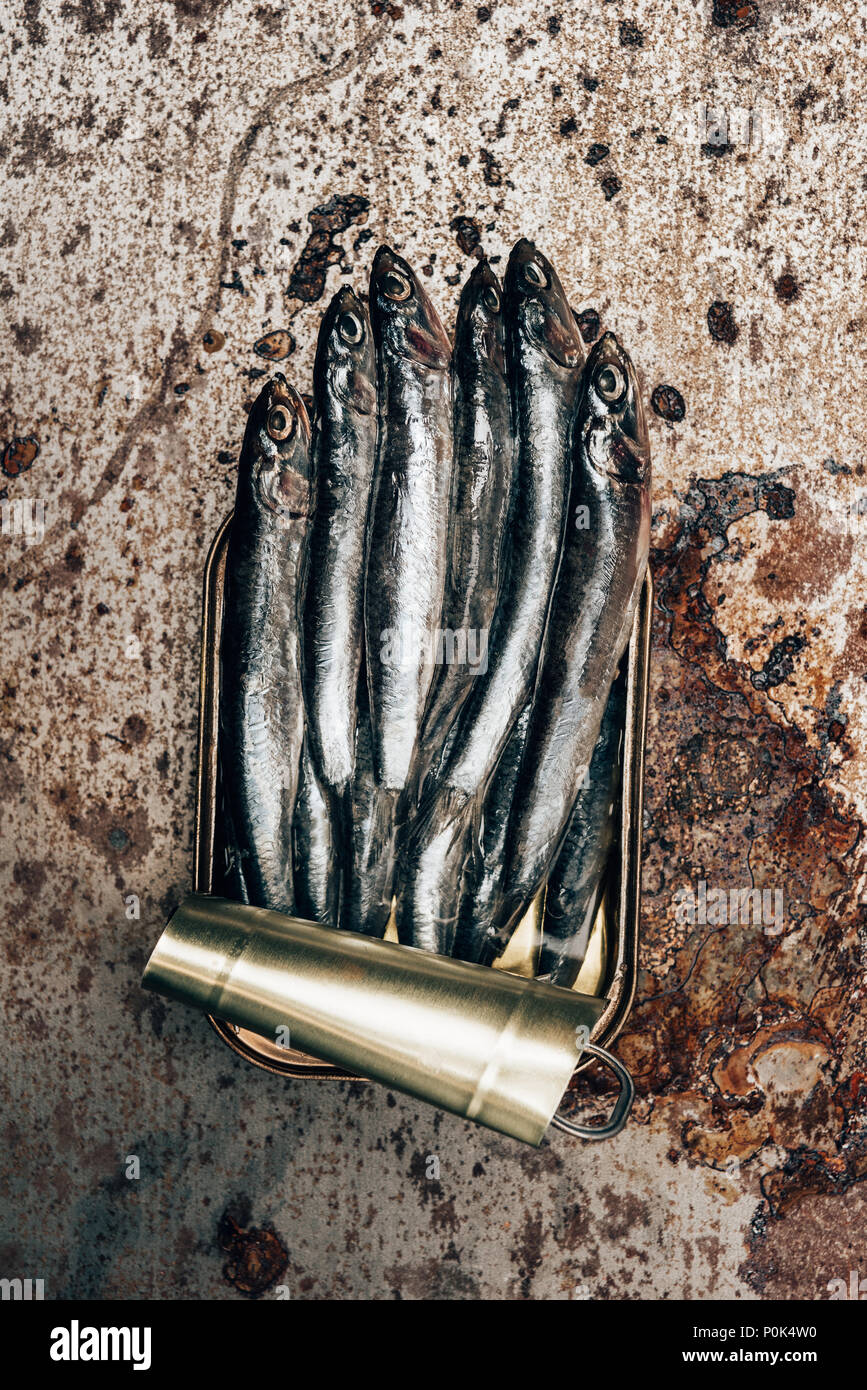 Top view of pile of fish in canister on rustic surface Stock Photo - Alamy