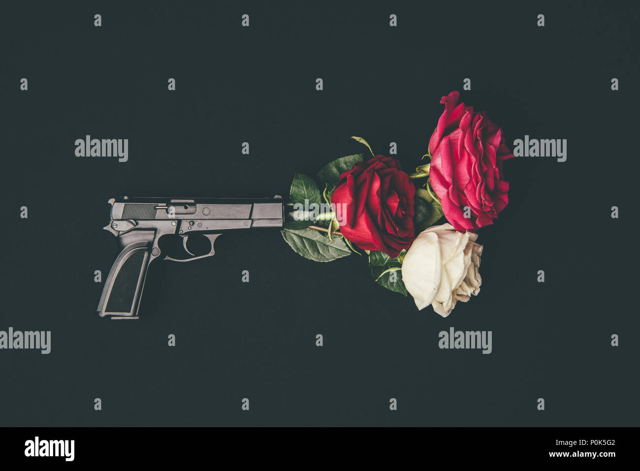 Top view of gun shooting with rose flowers isolated on black Stock ...