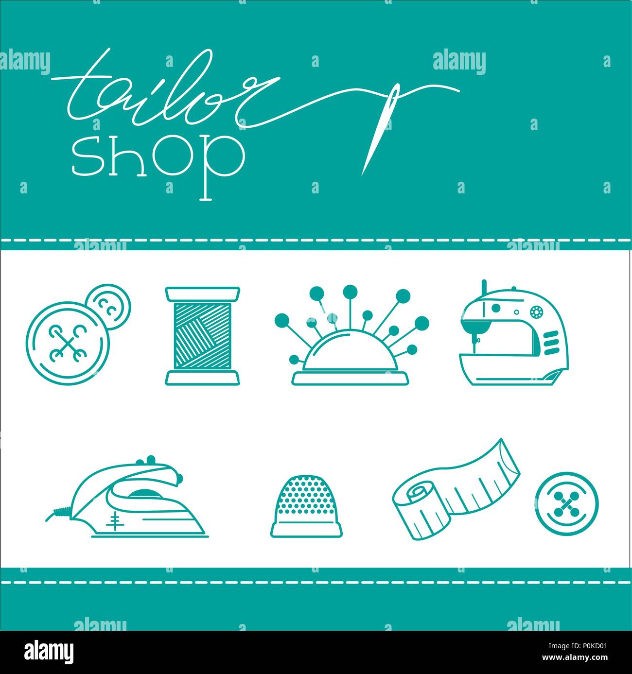 Tailor logo template. One line lettering illustration with collection ...