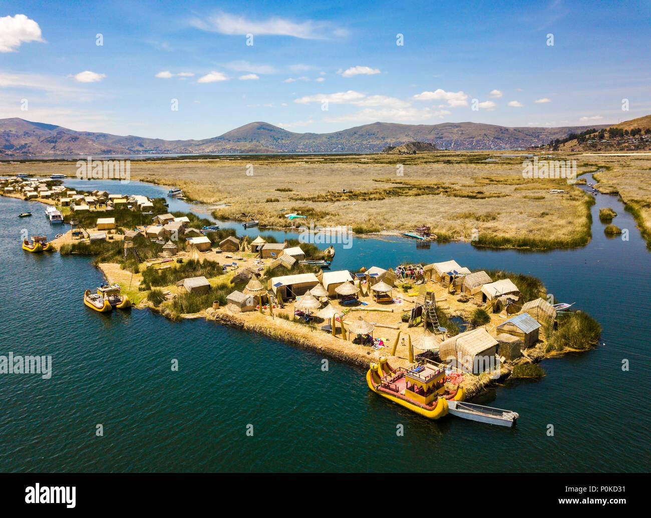 Aerial view of floating islands of Uros at Lake Titicaca Stock Photo ...