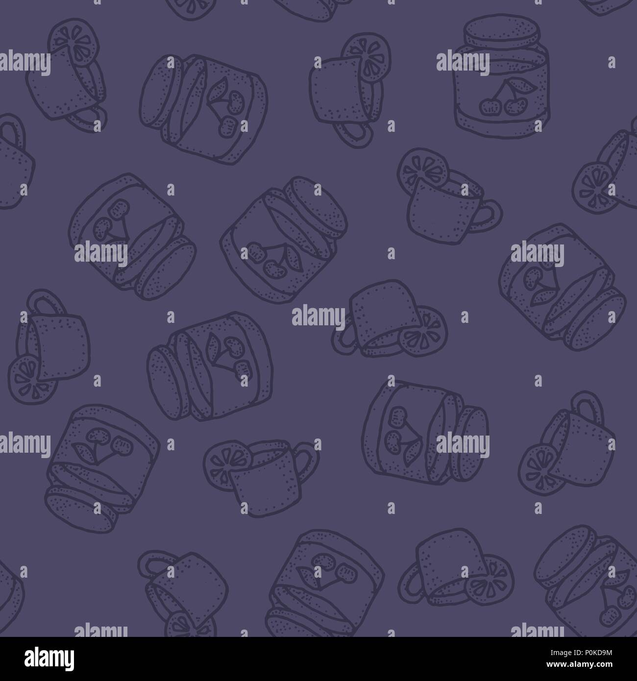 Seamless vector pattern with tea with lemon and cherry jam in violet ...