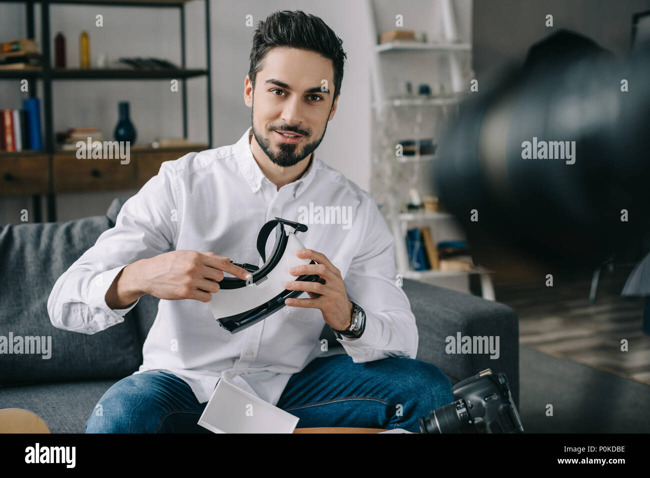 tech vlogger recording new content about virtual reality headset Stock ...