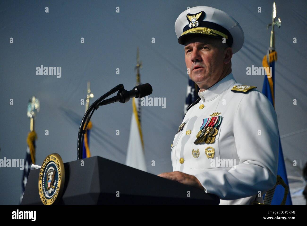 Adm. Karl Schultz speaks during a change of command ceremony at Coast ...