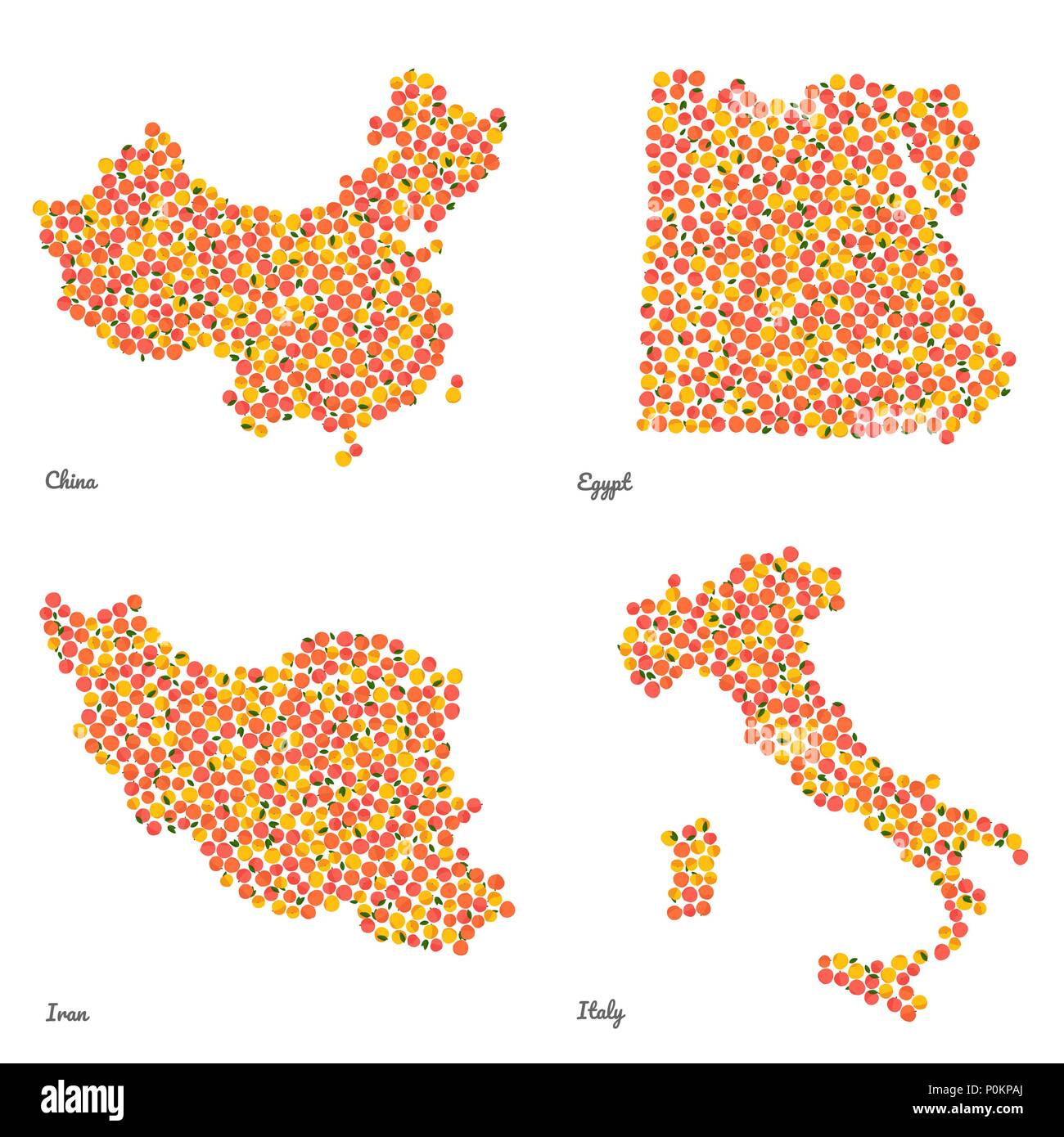 Four country maps made out of pink peaches. Colorful veggie maps ...