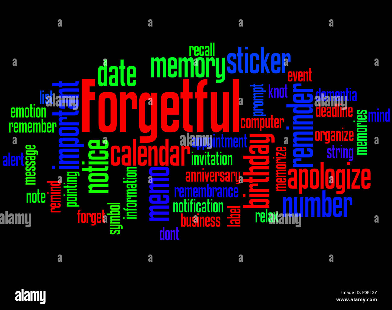 Forgetful, word cloud concept on black background Stock Photo - Alamy