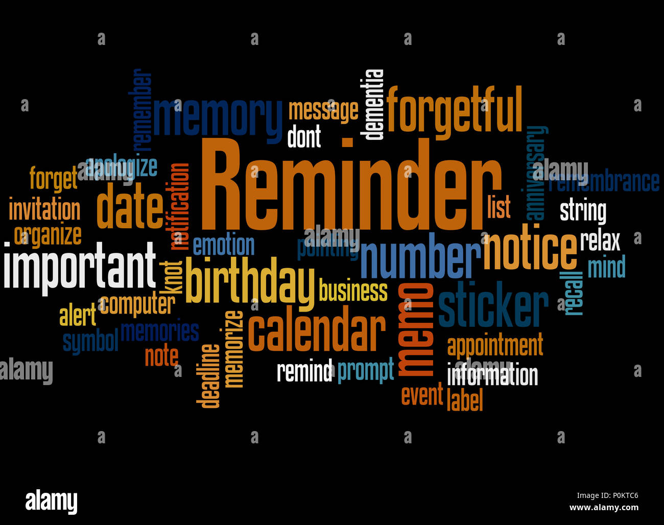 Reminder, word cloud concept on black background Stock Photo - Alamy