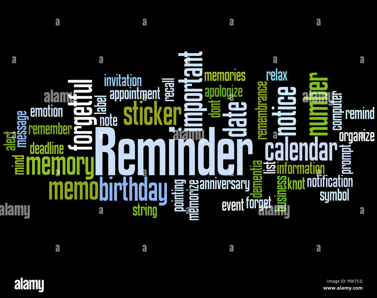 Reminder, word cloud concept on black background Stock Photo - Alamy