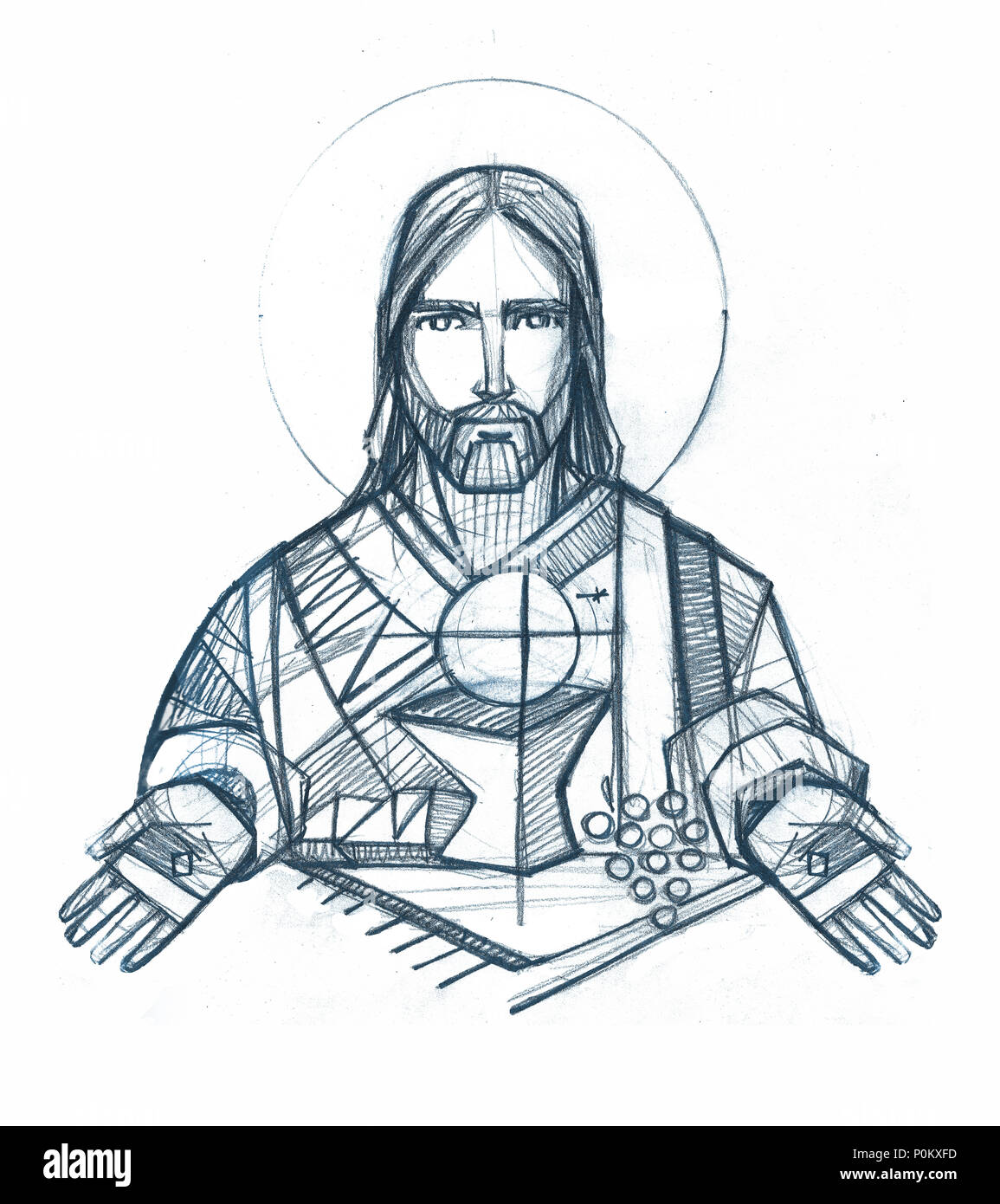 Hand drawn illustration or drawing of Jesus Christ an Eucharist symbols ...