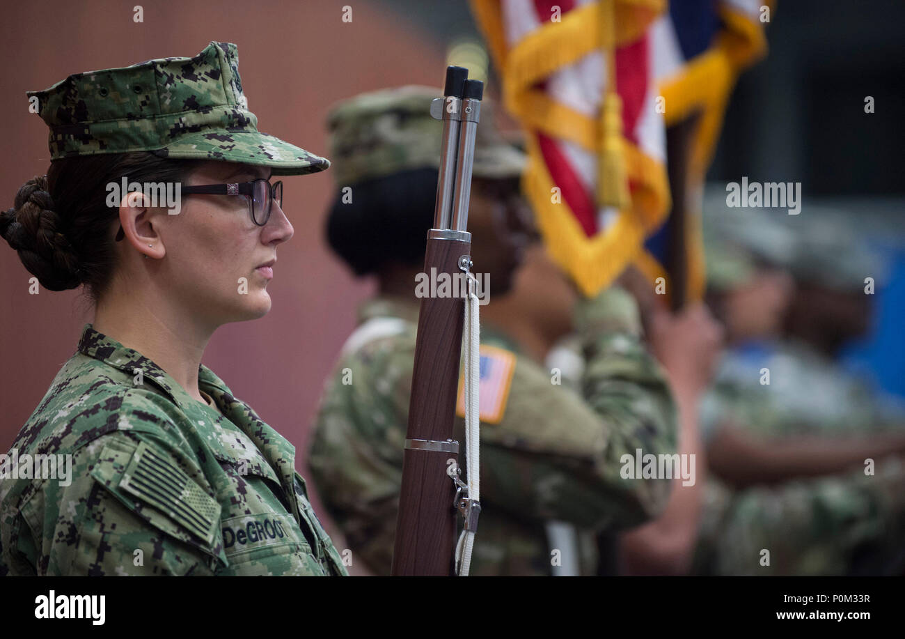 A U.S. Joint Military Honor Guard team posts the colors during a Joint ...
