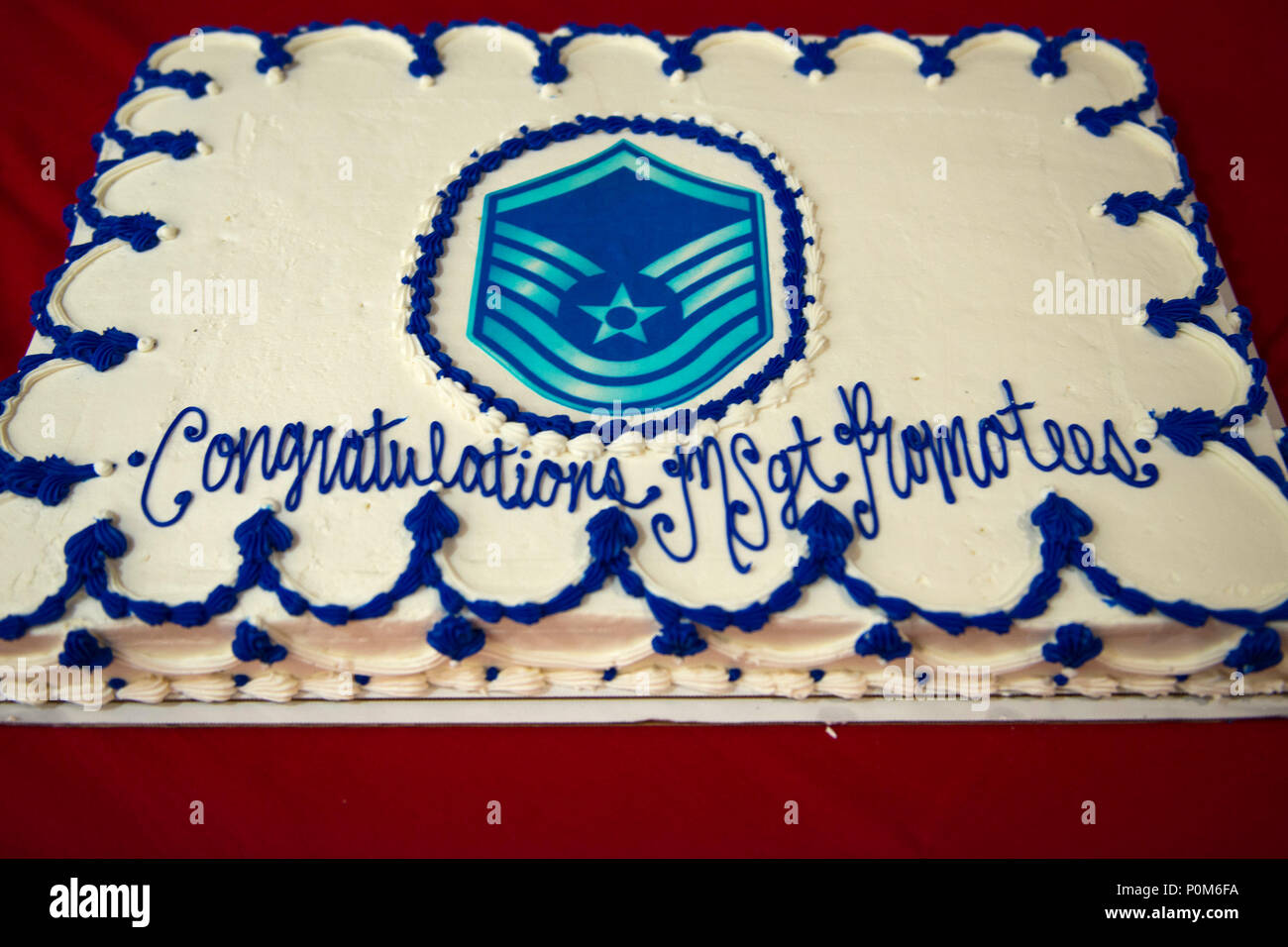 A cake rests on a table during a master sergeant selection celebration ...