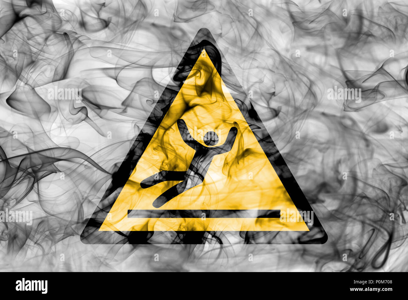 Slip hazard warning smoke sign. Triangular warning hazard sign, smoke ...