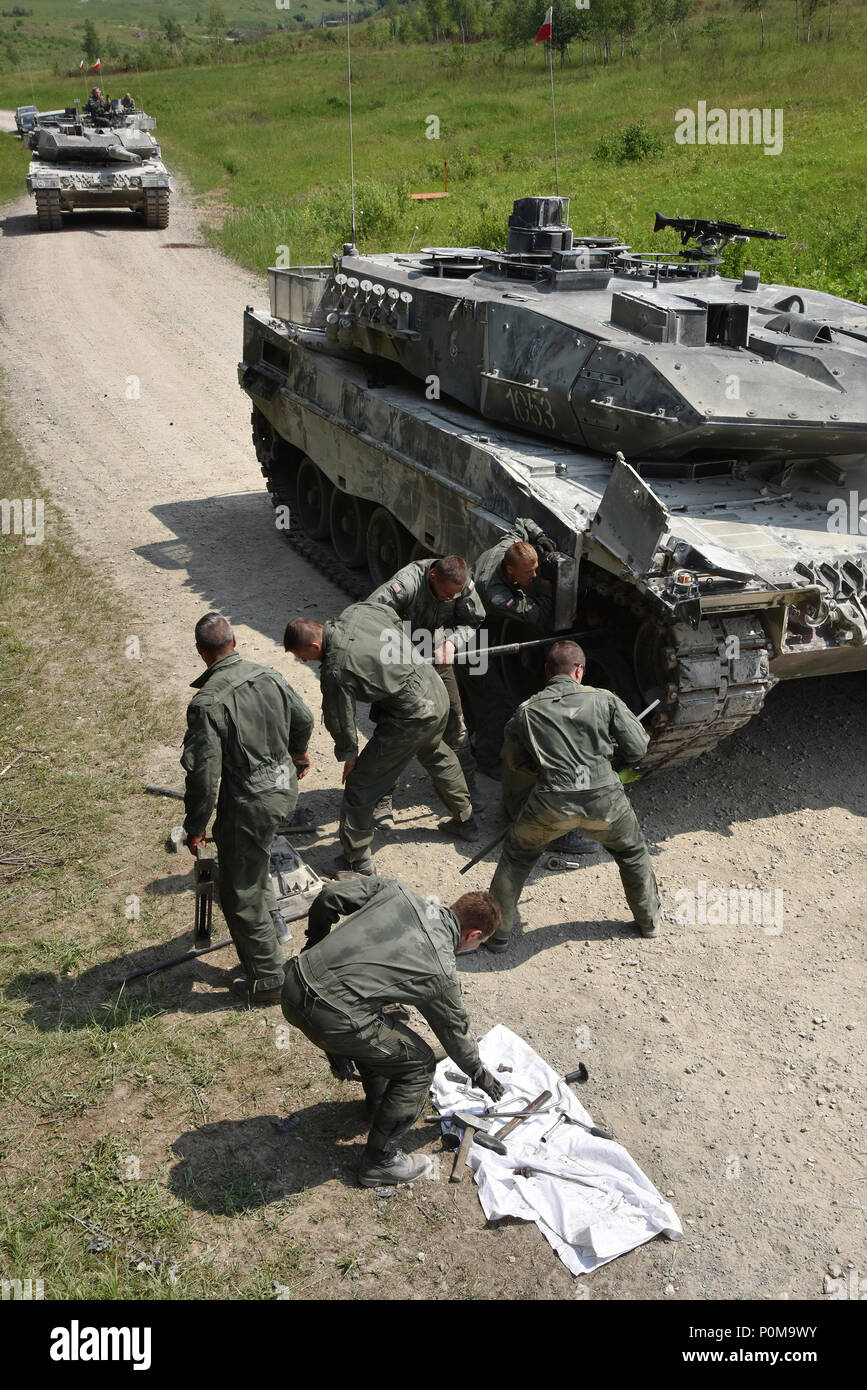 Tankers in Poland's 34th Armoured Cavalry Brigade repair the track on a ...