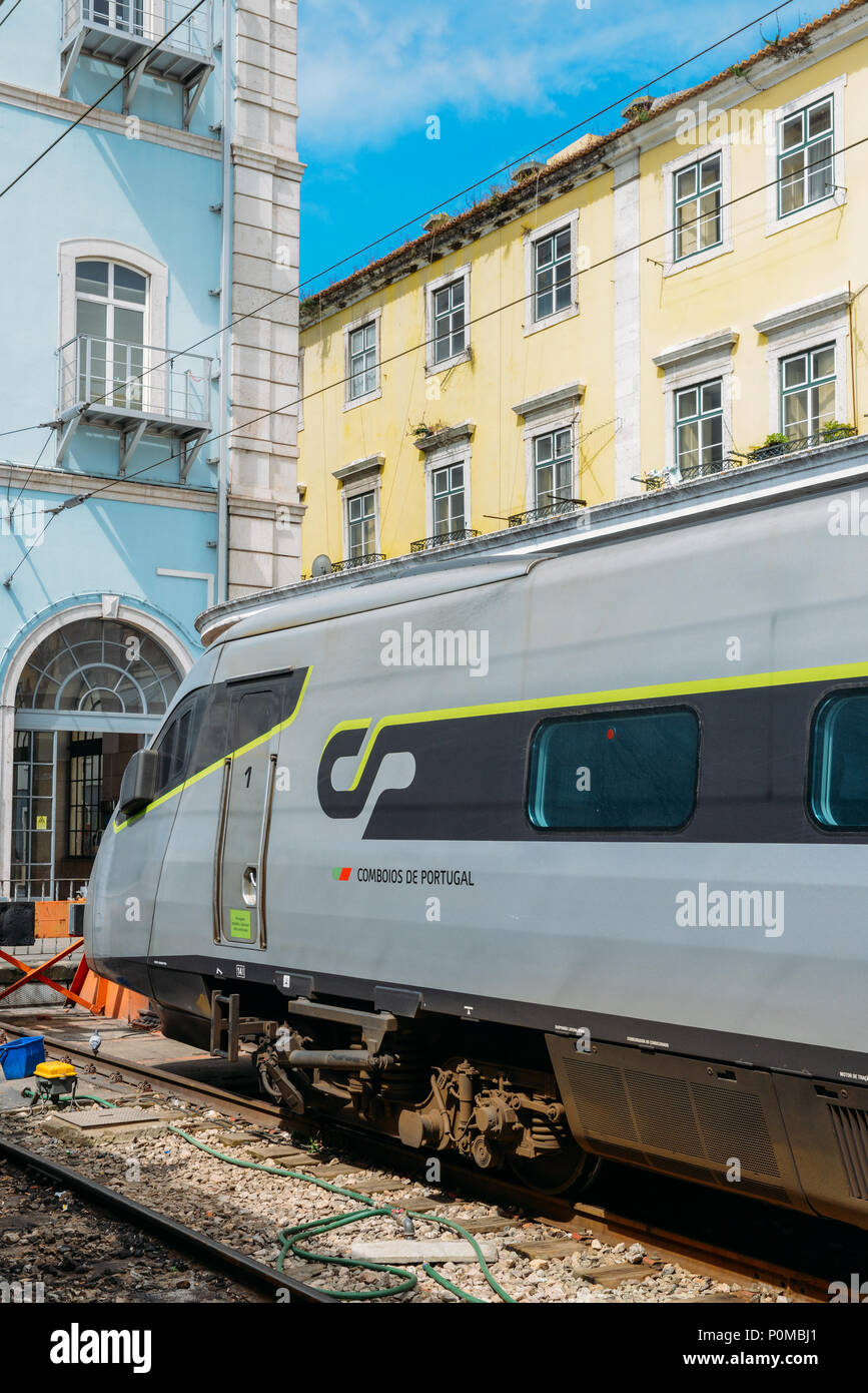Portuguese train on platform at Lisbon's Santa Apolonia train station ...