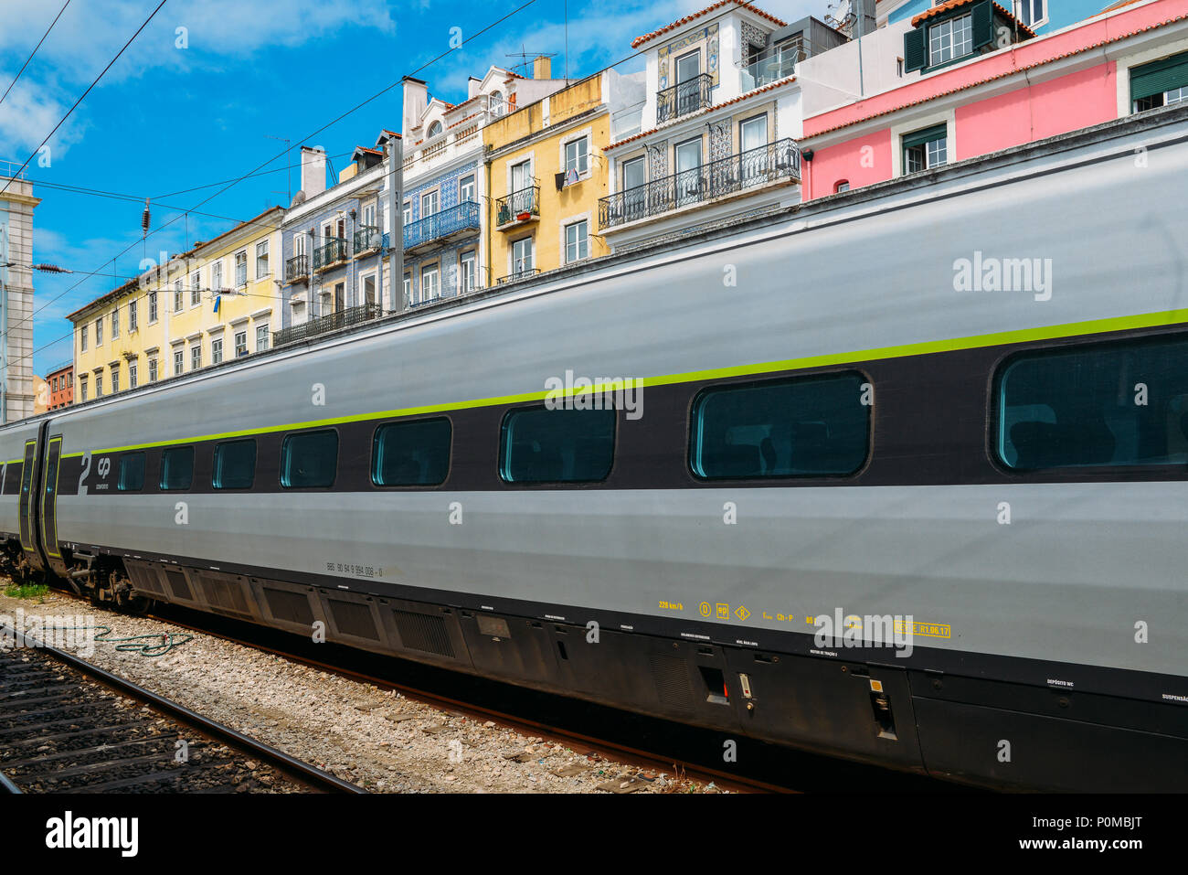 Portuguese train on platform at Lisbon's Santa Apolonia train station ...