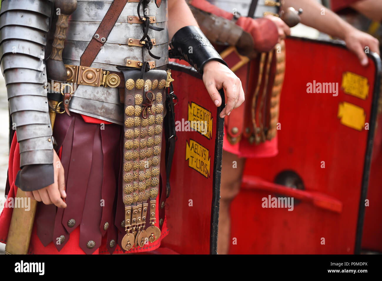 Reenactment detail with roman soldiers uniforms Stock Photo - Alamy