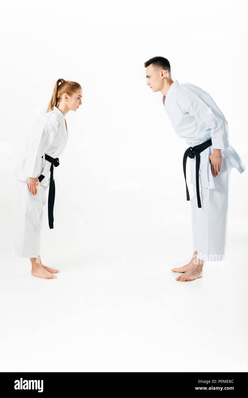 karate fighters greeting each other isolated on white Stock Photo - Alamy