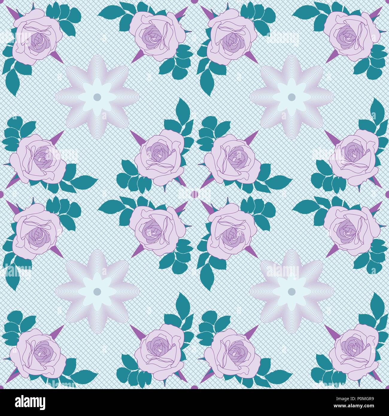 Vector seamless pattern. Violet roses on light blue background with ...