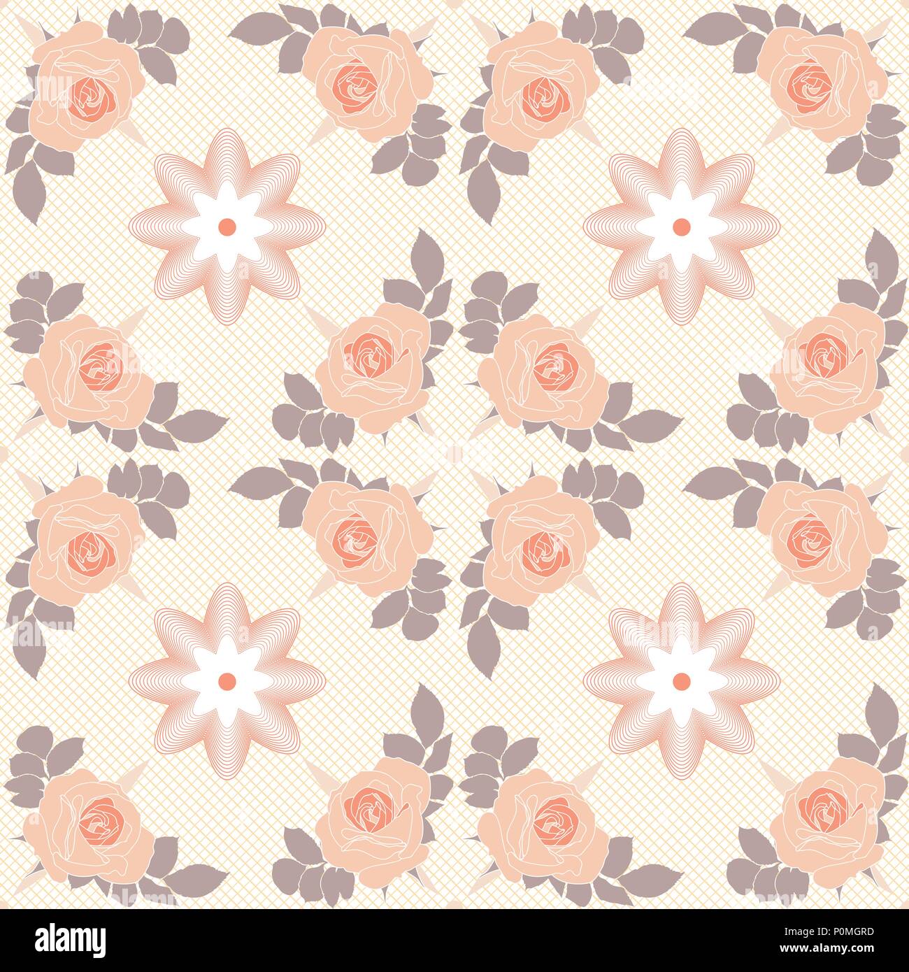 Vector seamless pattern. beige roses on cream background with geometric ...