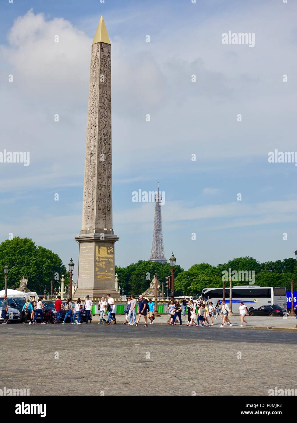 Egyptian obelisk at de la Concorde, with Eiffel Tower in the distance ...