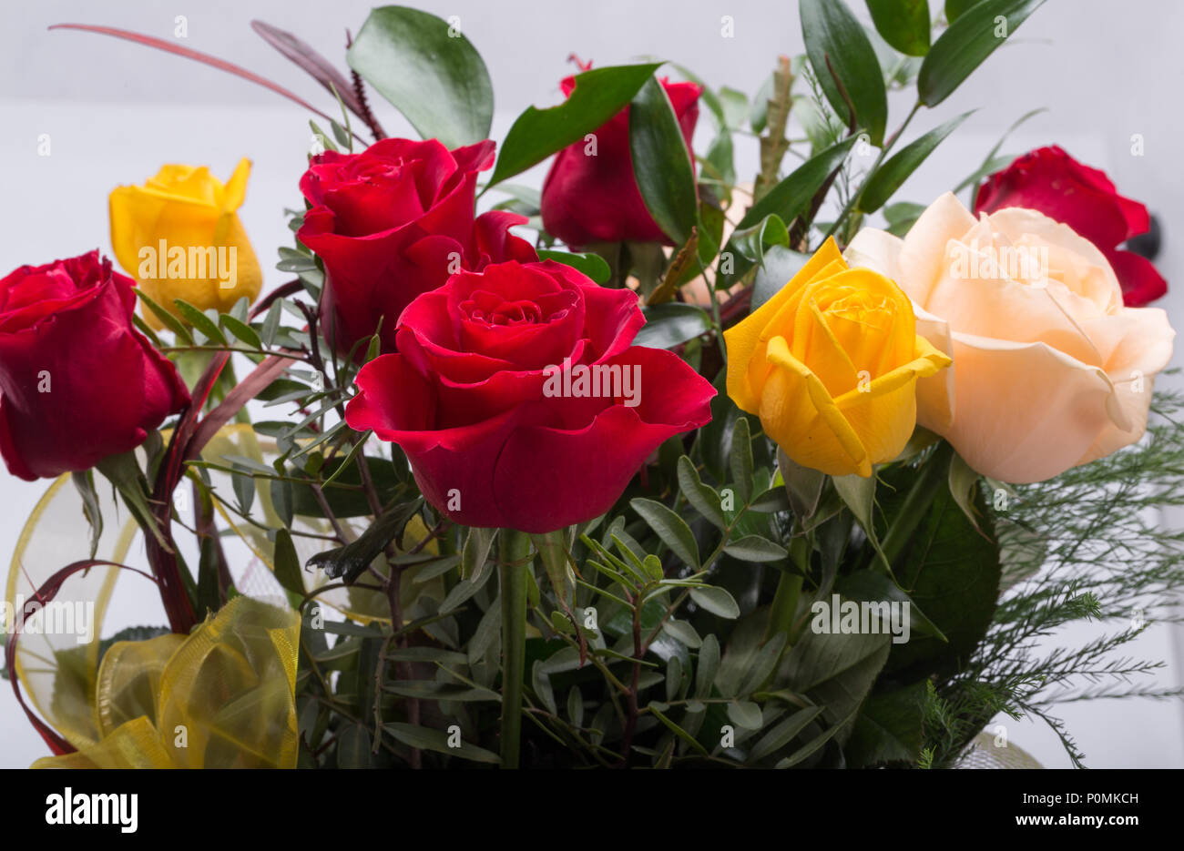 Bouquet of assorted multicolored roses isolated on white background ...
