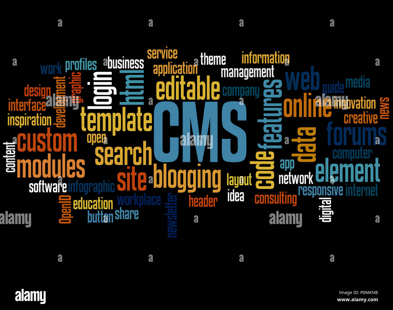 CMS (content management system) word cloud concept on black background ...