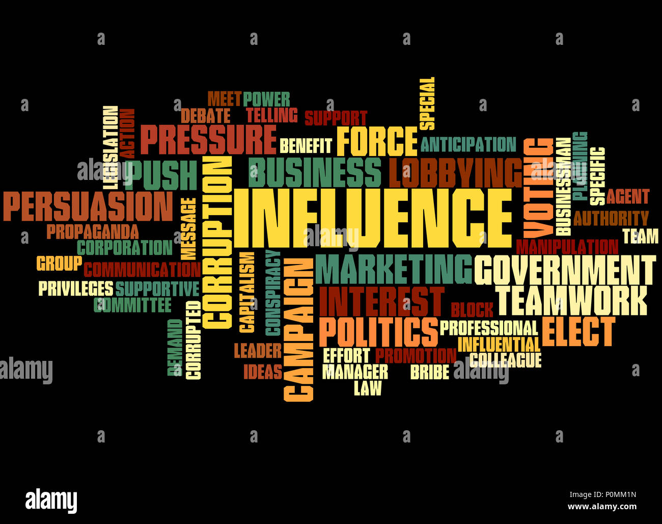 Influence word cloud concept on black background Stock Photo - Alamy