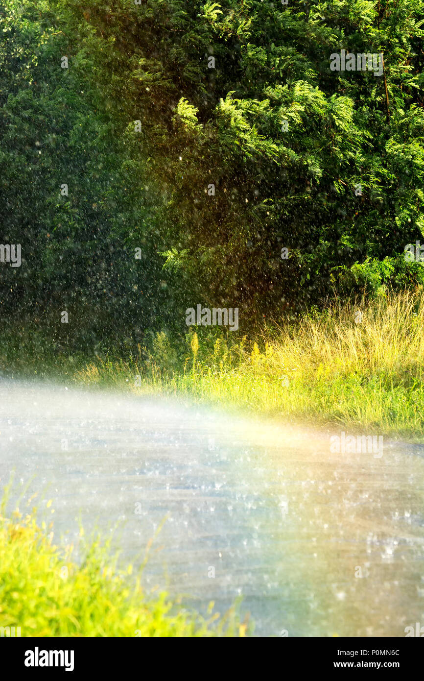 Heavy rain in summer time with rainbow Stock Photo - Alamy