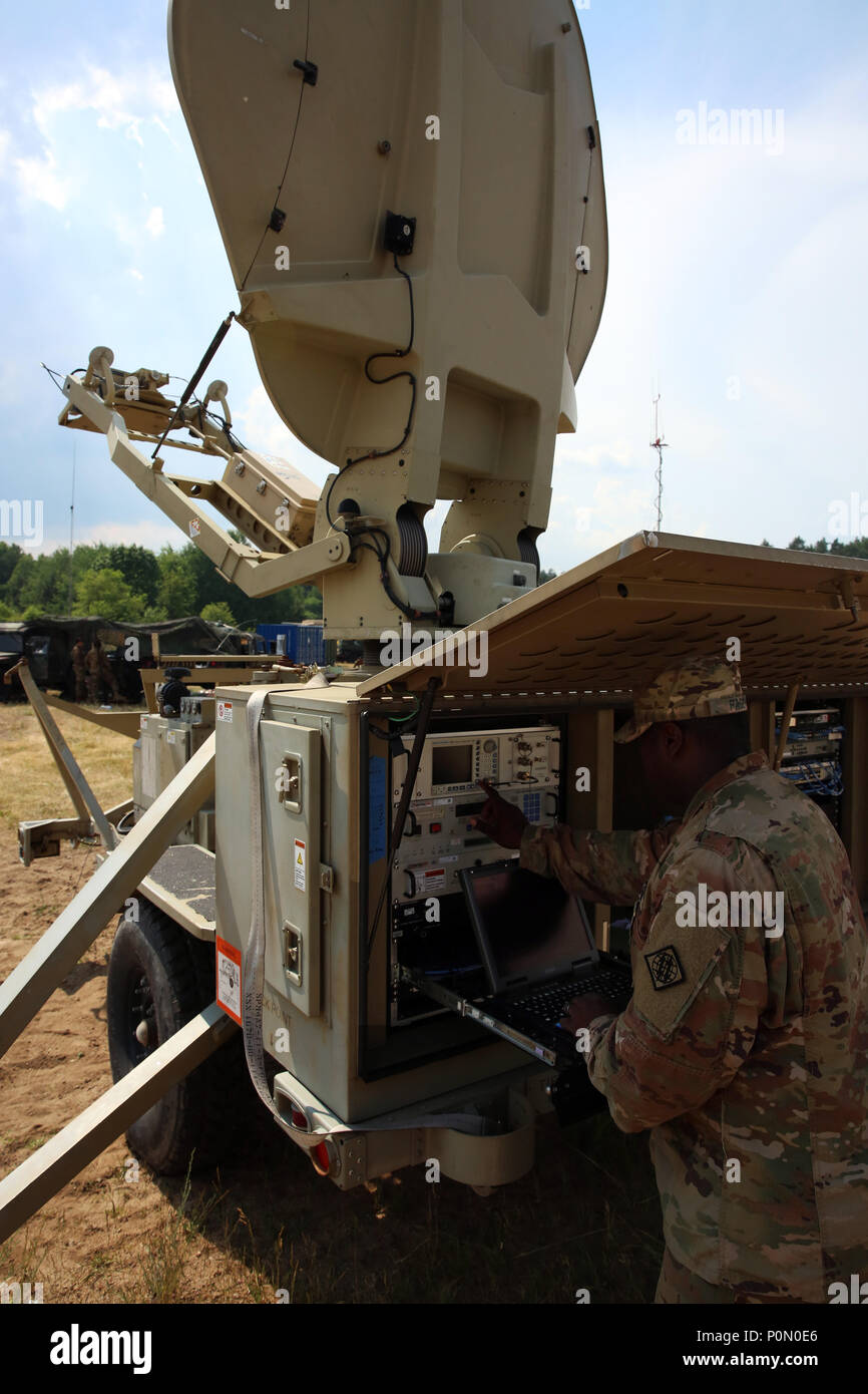 U.S. Army Spc. Rodderick Pace, assigned to Bravo Company, 44th Expeditionary Signal Battalion ...