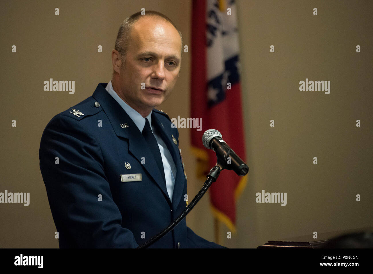 Col. Robert I. Kinney, 188th Wing commander, delivers remarks during an ...